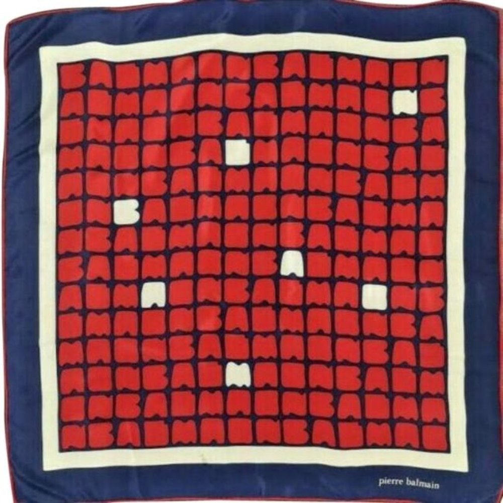 Balmain Silk Red White Navy Logo Print Scarf - Gem